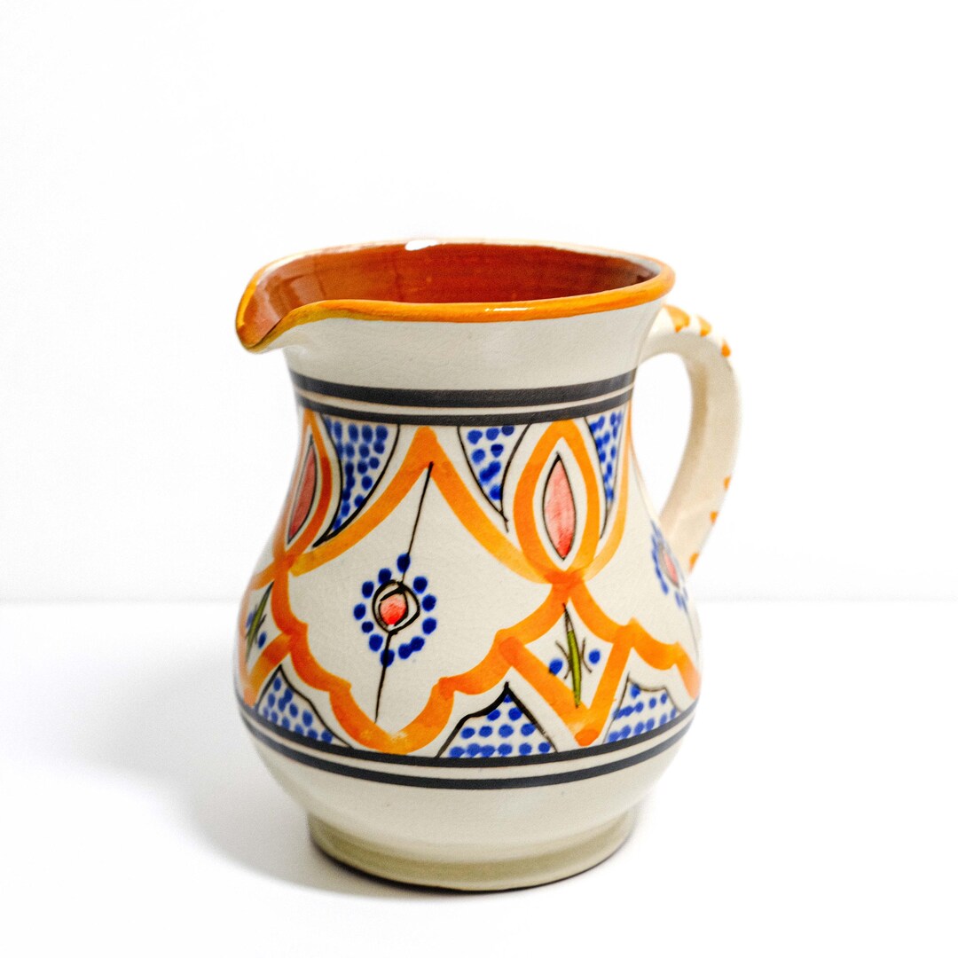 Ceramic Jug Morocco Hand Painted With Blue and Orange Decorations - Etsy