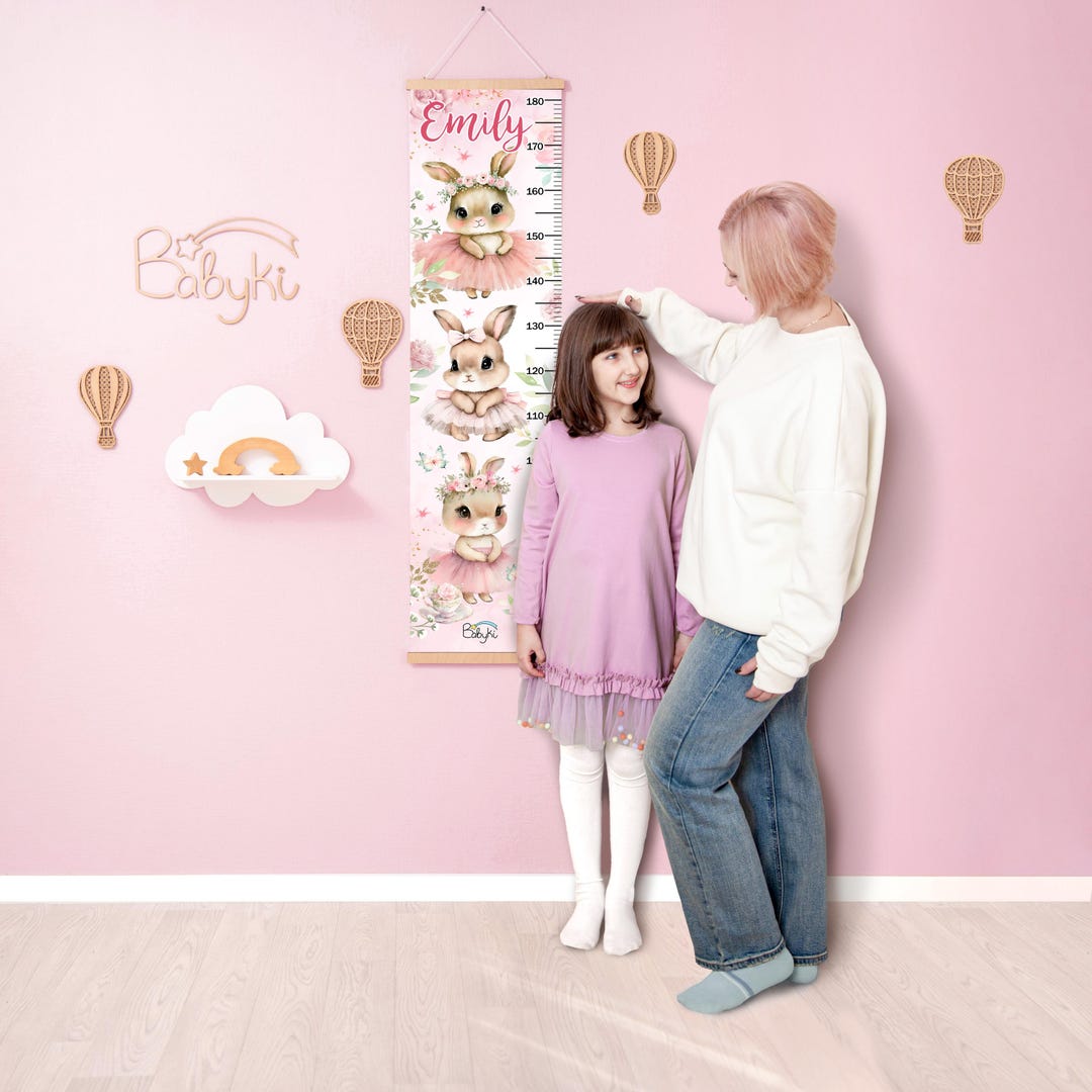 Bunny Growth Chart, Pink Custom Name Height Ruler, Floral Rabbit ...