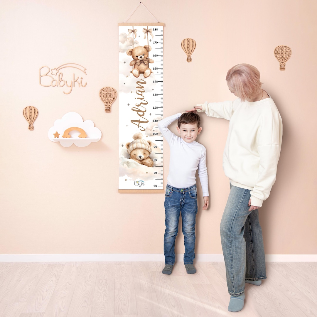 Custom Name Growth Chart, Teddy Bear Nursery Decor, Boho Kids Height ...