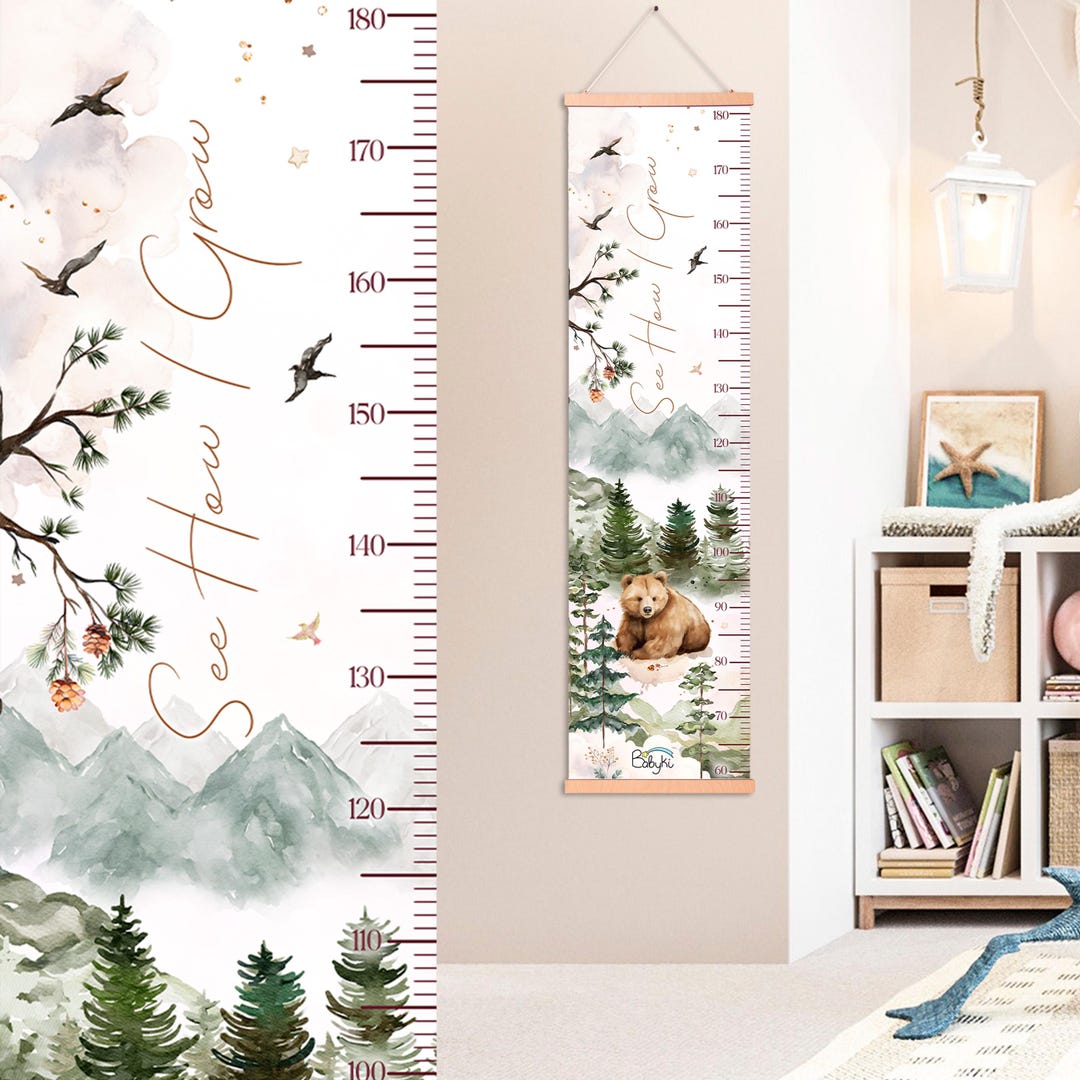 Personalized Growth Chart, Woodland Bear Growth Chart, Forest Landscape ...