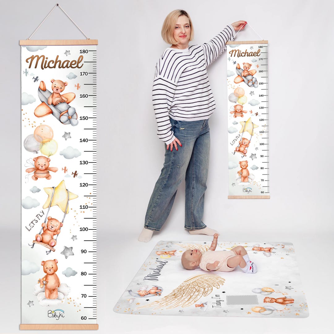Teddy Bear Angel Wings Growth Chart and Milestone Blanket Set, Baby ...