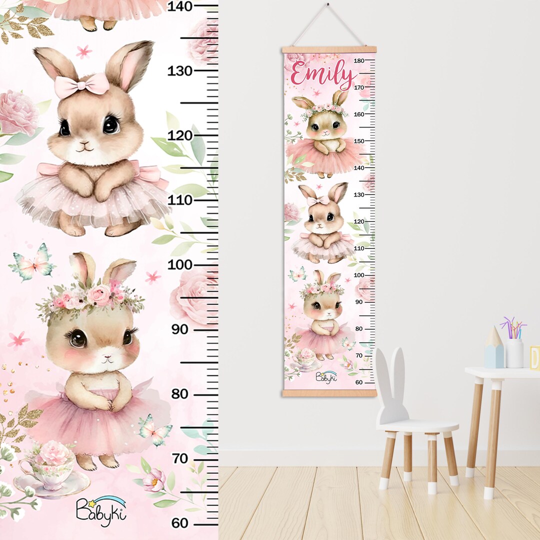 Custom Name Height Chart, Pink Bunny Height Ruler, Floral Rabbit ...