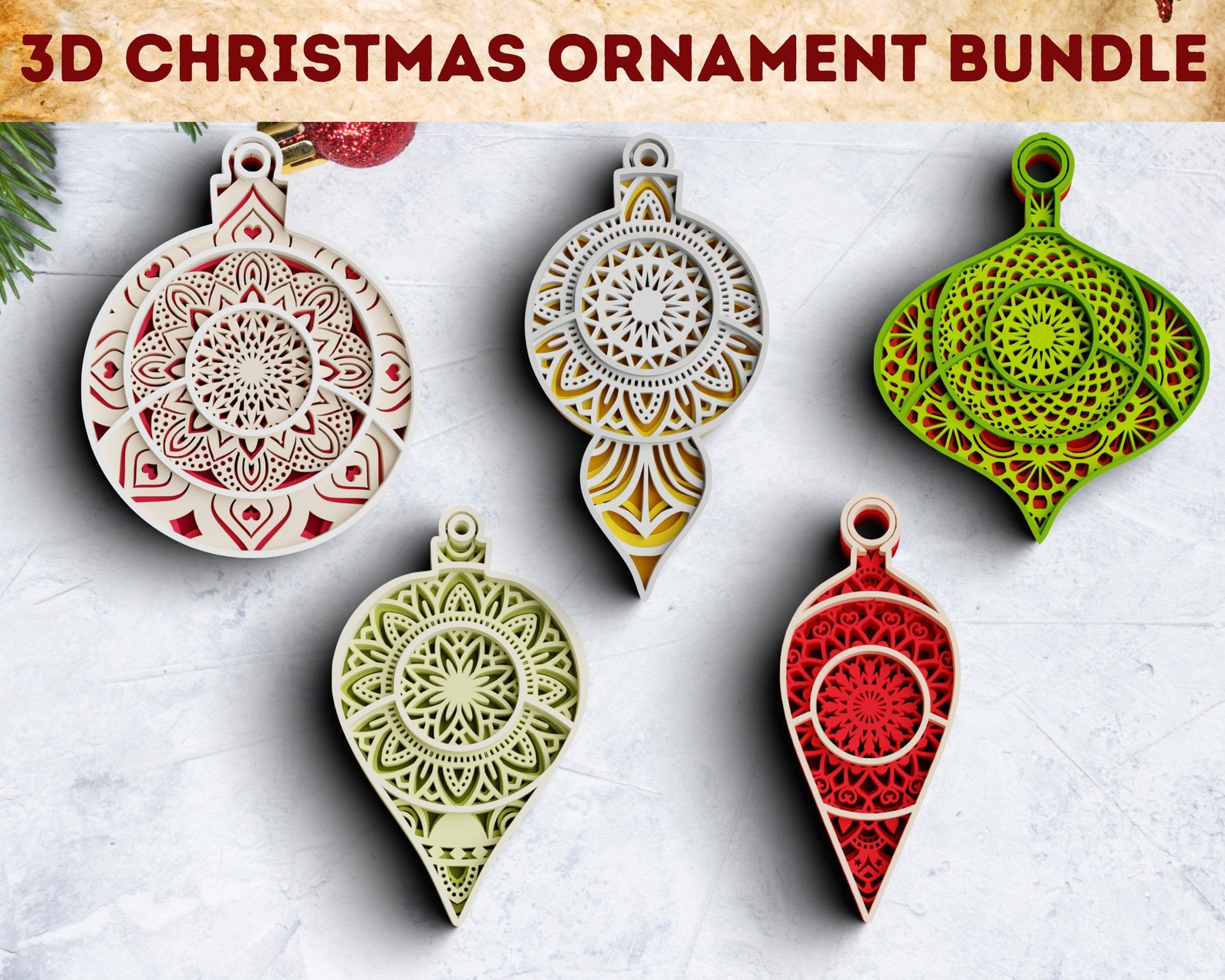 3D Christmas Ornament SVG Bundle: Layered Mandala Laser Cut Files - Etsy