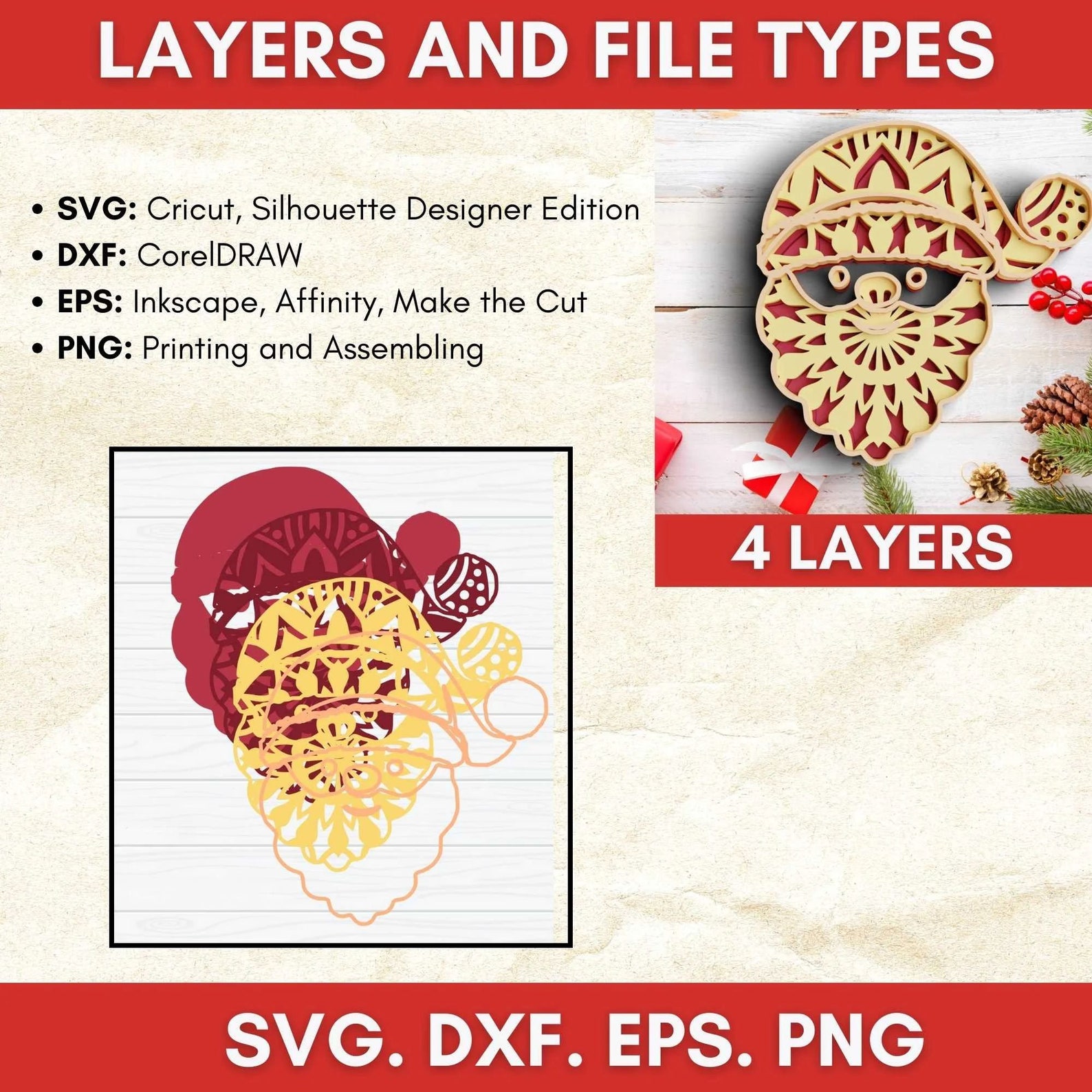 3D Santa Face SVG DXF 4 Layer | Christmas SVG | 3D Mandala Svg ...