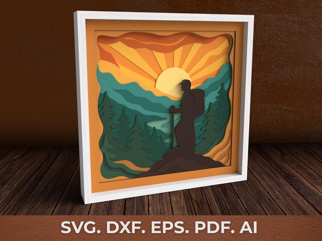 3D Mountain Shadow Box SVG: Layered Sunset Hiking Scene (digital ...