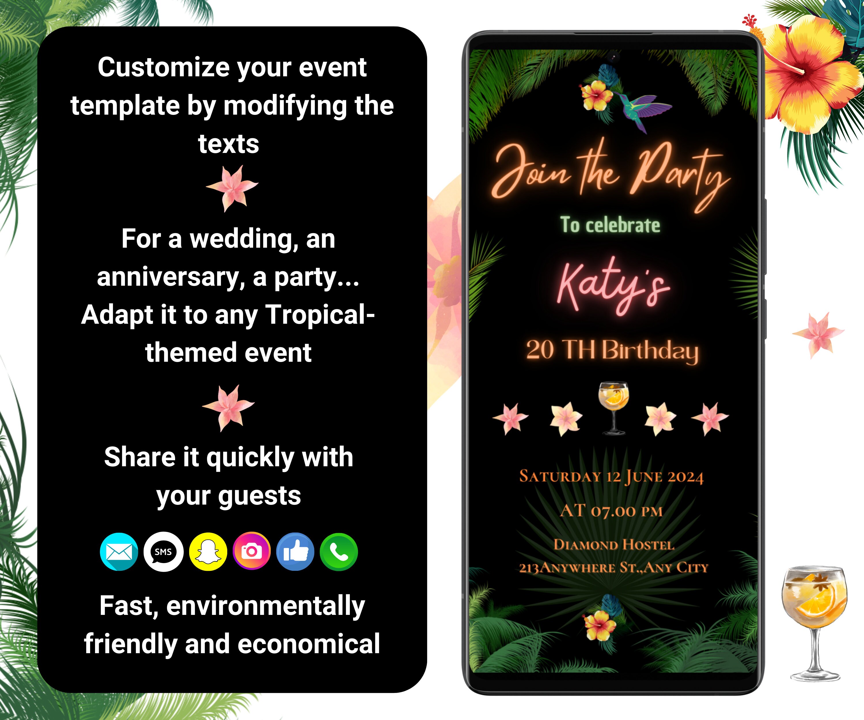 Digital Invitation, Tropical Invitation Template, Birthday Invitation ...