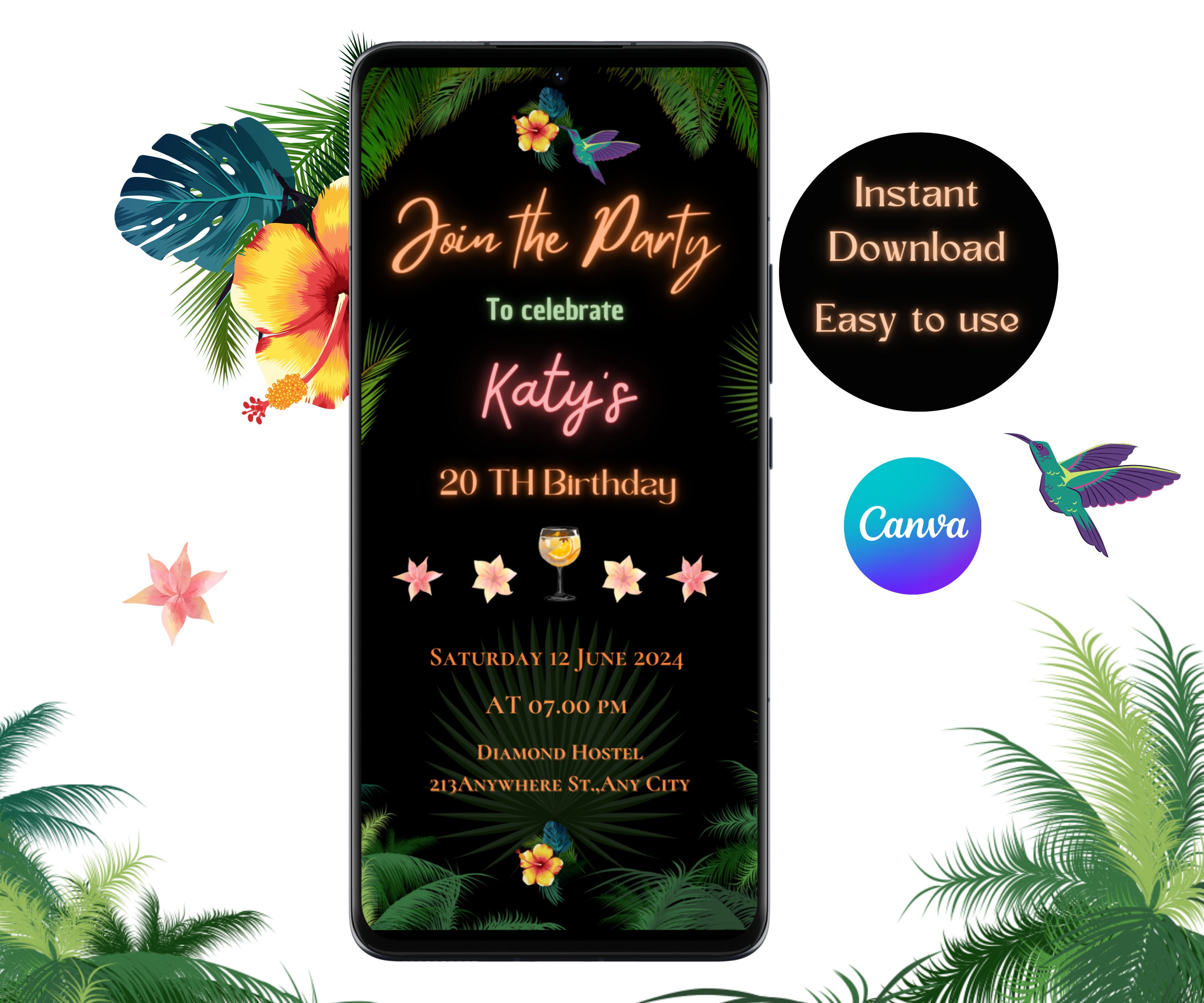 Digital Invitation, Tropical Invitation Template, Birthday Invitation ...