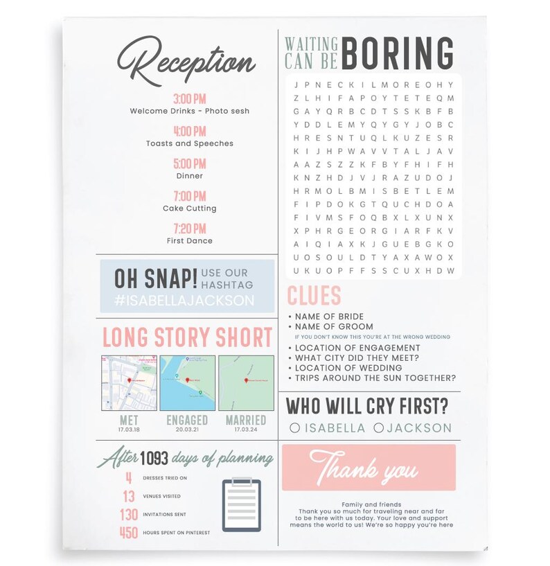 Infographic Wedding Program, Unique Fun Ceremony Program, Custom ...