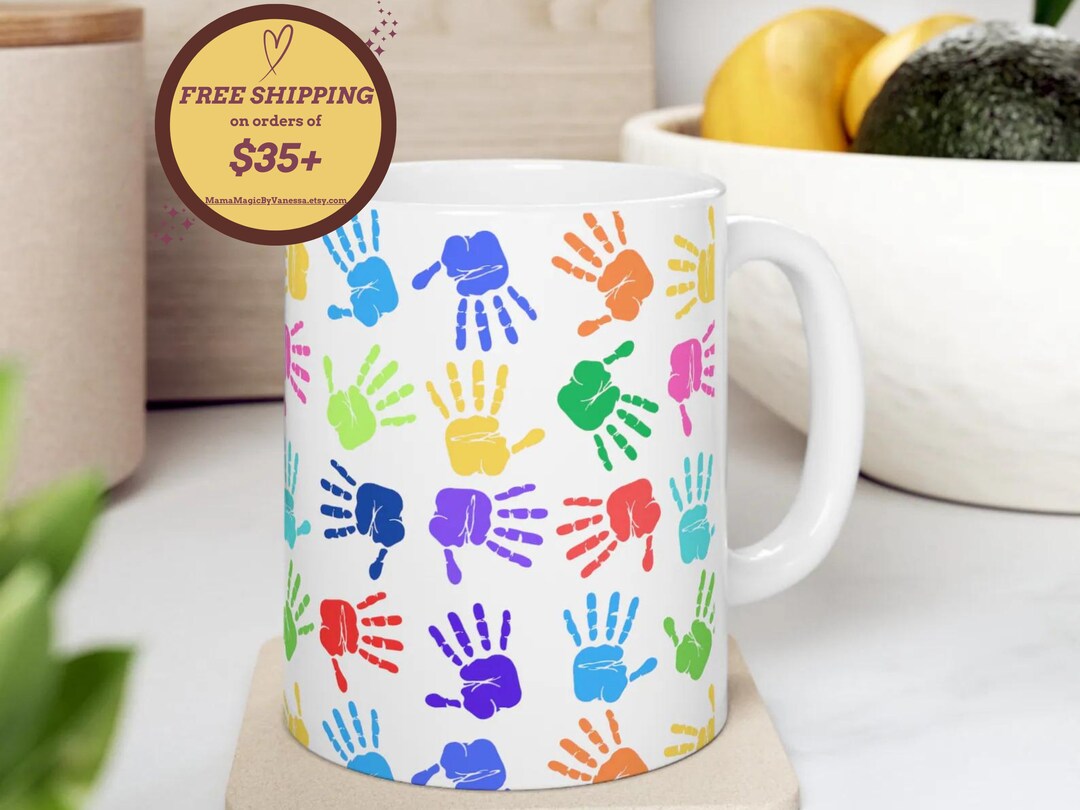 Art Teacher Mug, Handprints Mug, Colorful Hand Print Ceramic Mug ...