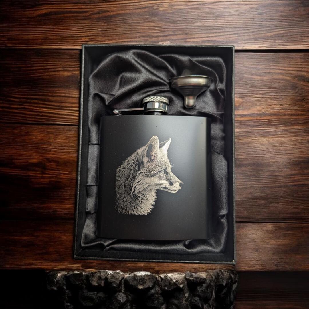 Laser Engraved Fox Hip Flask, Matte Black Stainless Steel - Etsy