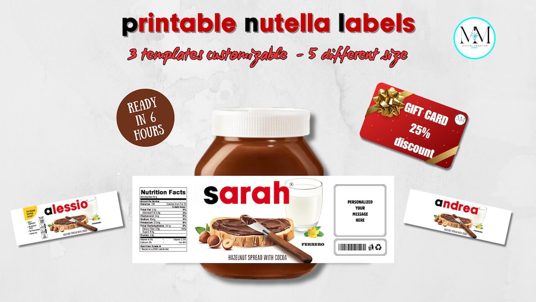 NUTELLA Customizable Label, Digital File, Custom Hazelnut Jar Labels ...