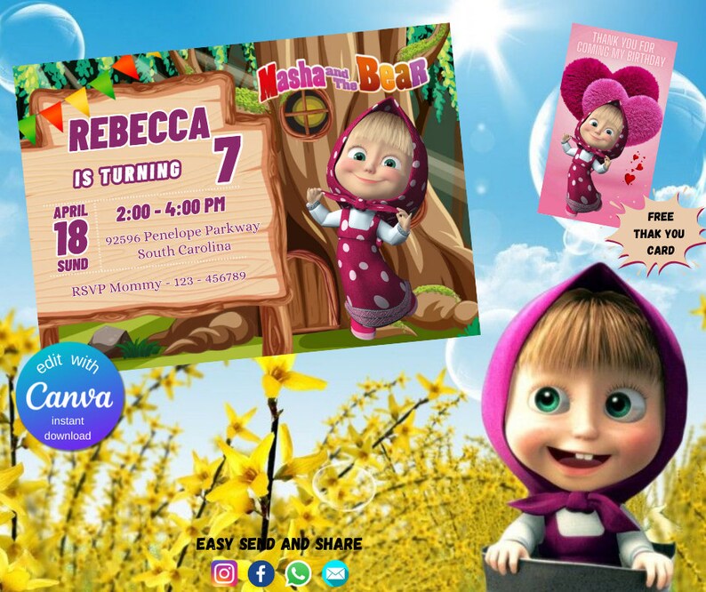 Masha and Bear Invitation ,party Invitations, Masha and Bear Invite ...