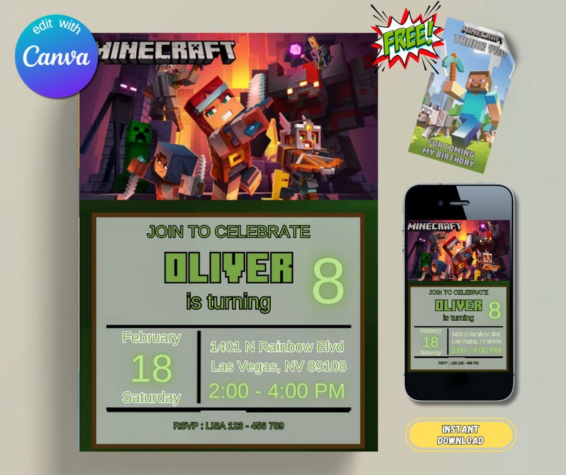 Editable Minecraft Birthday Invitation, Minecrafter Birthday ...