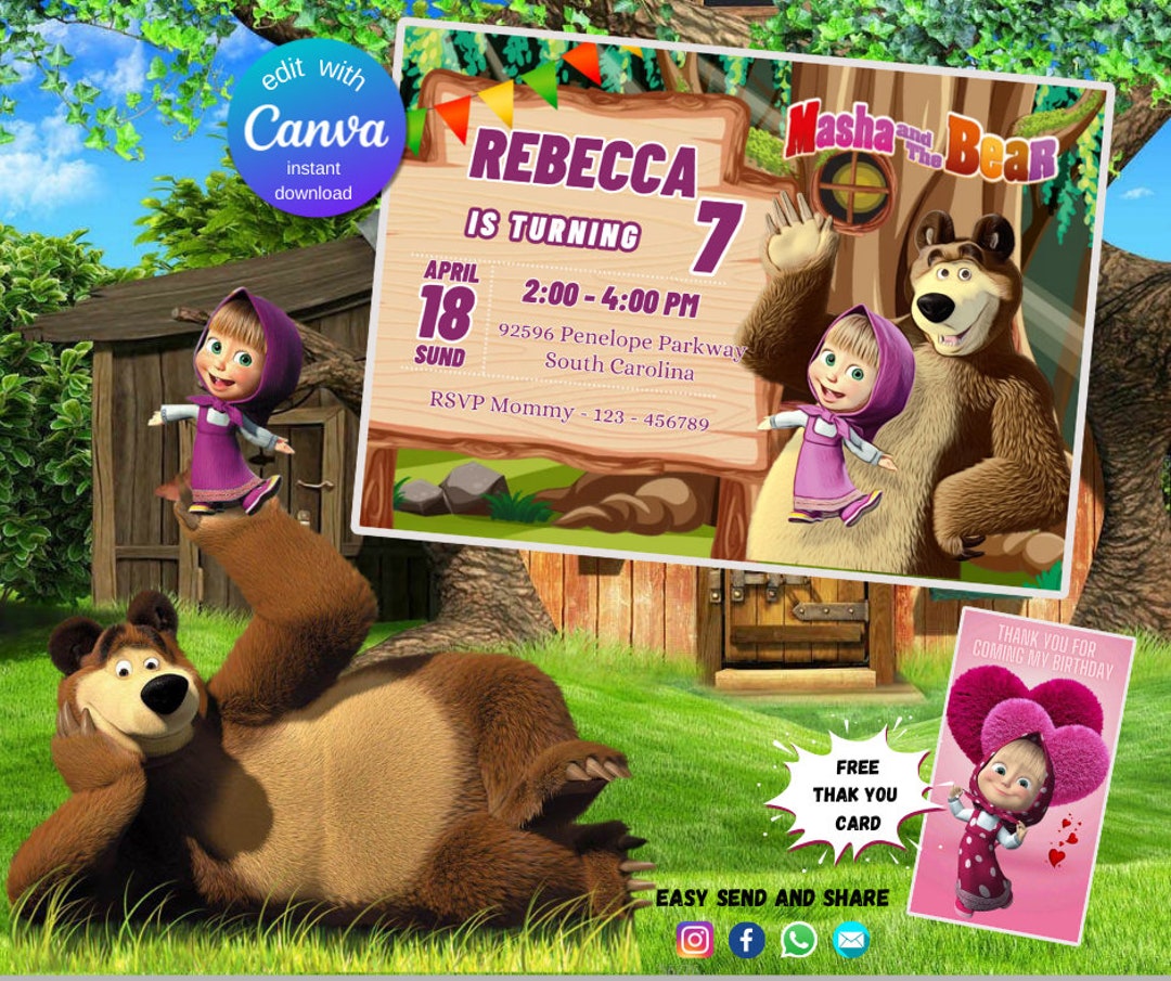 Masha and Bear Invitation ,party Invitations, Masha and Bear Invite ...
