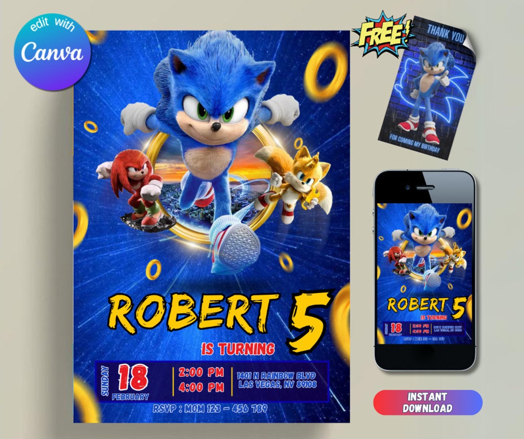 Invitación de cumpleaños de Sonic The Hedgehog / Invitación a fiesta de ...