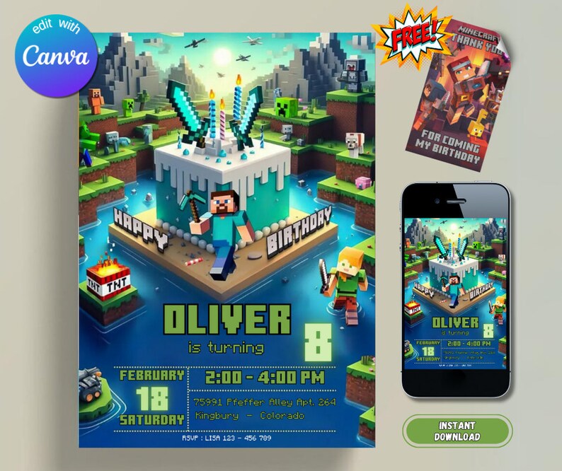 Editable Minecraft Birthday Invitation, Minecrafter Birthday ...