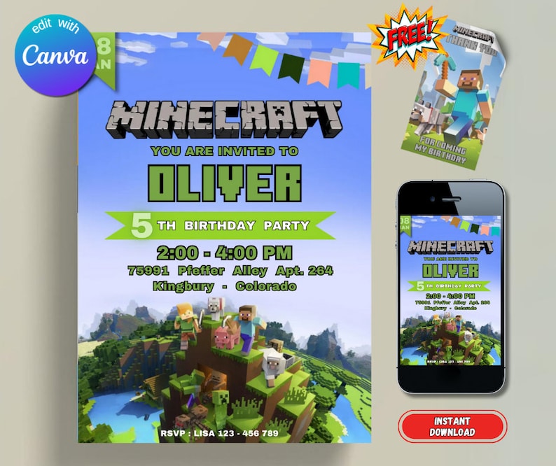 Editable Minecraft Birthday Invitation, Minecrafter Birthday ...