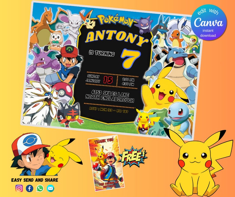Editable Pokemon Birthday Invitation / Pokemon Birthday Invitation ...
