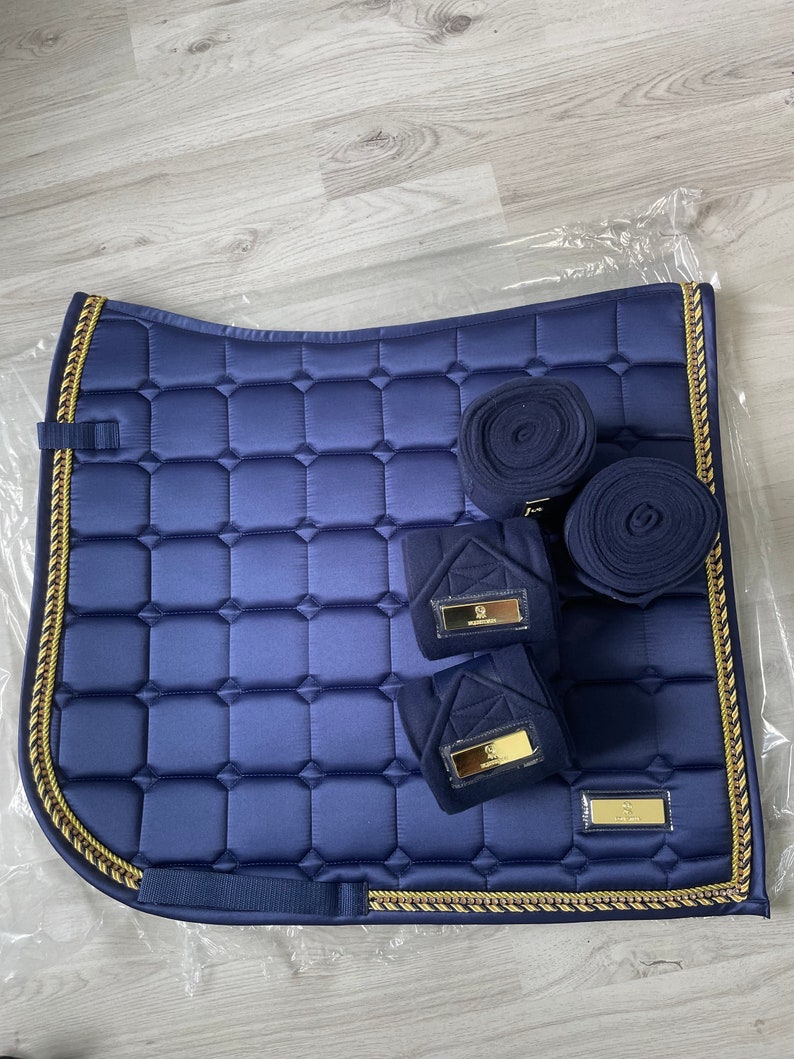 Equestbun Navy Blue With Gold Details Saddle Pad Bandages Set Horse ...