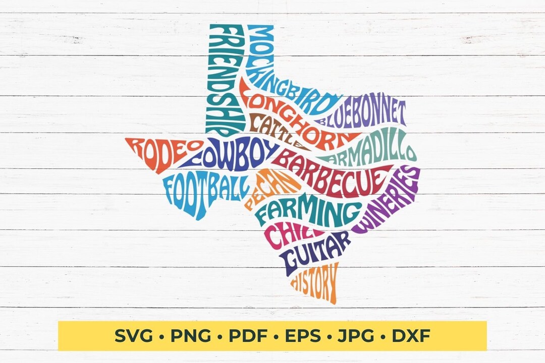 Texas Characteristic Words in State Shape SVG Cut File - Etsy