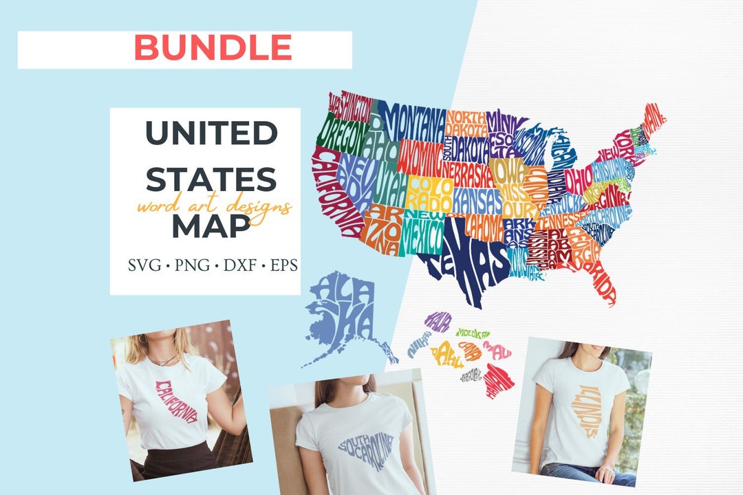 USA Typography Bundle State Map With Name Inside Shape SVG - Etsy