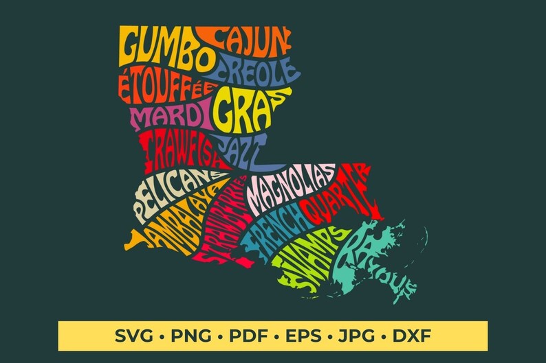 Louisiana Words Characteristics Map Shape SVG Cut File - Etsy