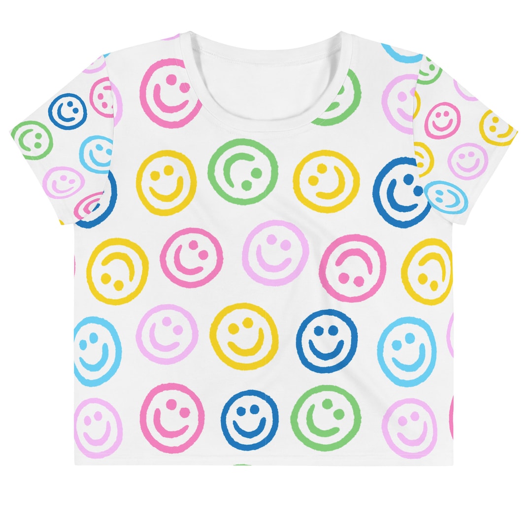 Smiley Face Print Crop Tee, Smiley, Cute Crop Top, White Crop Top ...