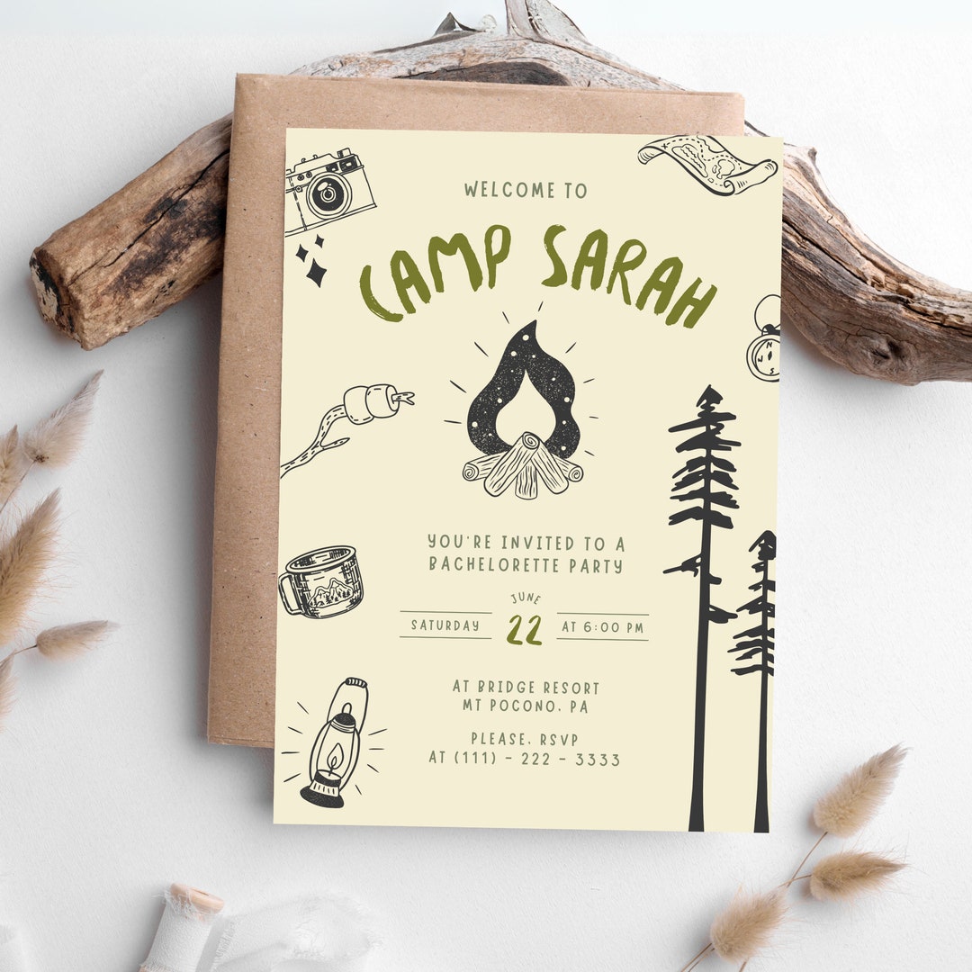 Camp Bachelorette Party Invitation, Editable Camping Bach Template, Her ...