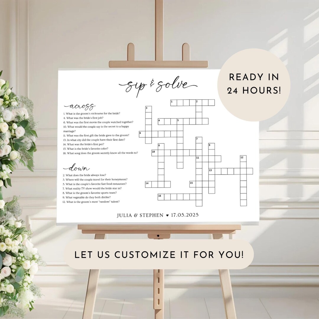 Sip and Solve Wedding Crossword Template, Custom Crossword Puzzle ...