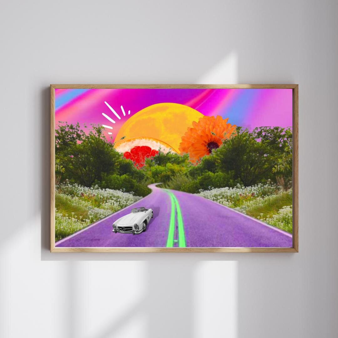 Vintage Retro Collage Art Poster — Sunset Drive - Etsy