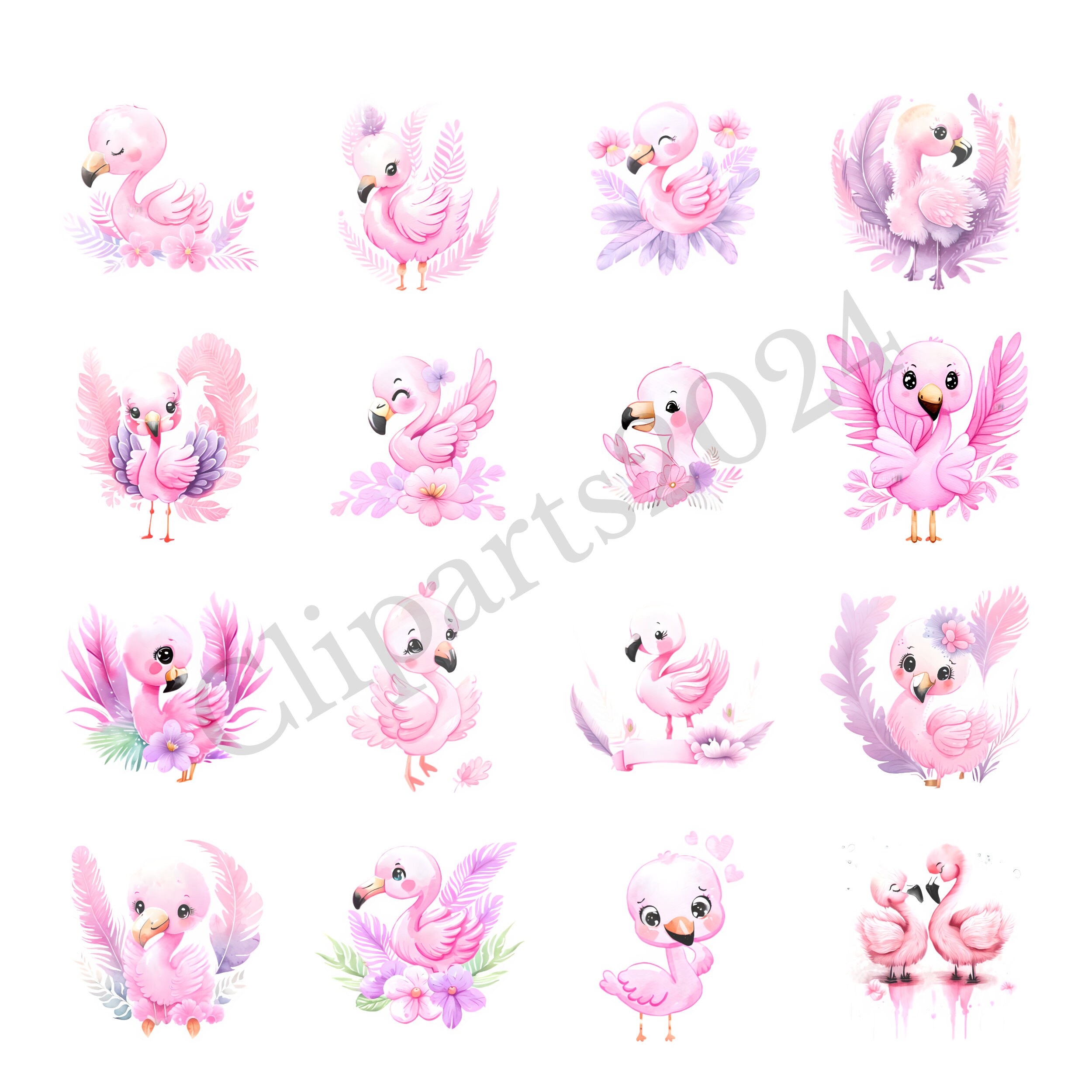 30 PNG Watercolor Baby Flamingo Clipart Bundle, 300DPI, Pink, Adorable ...