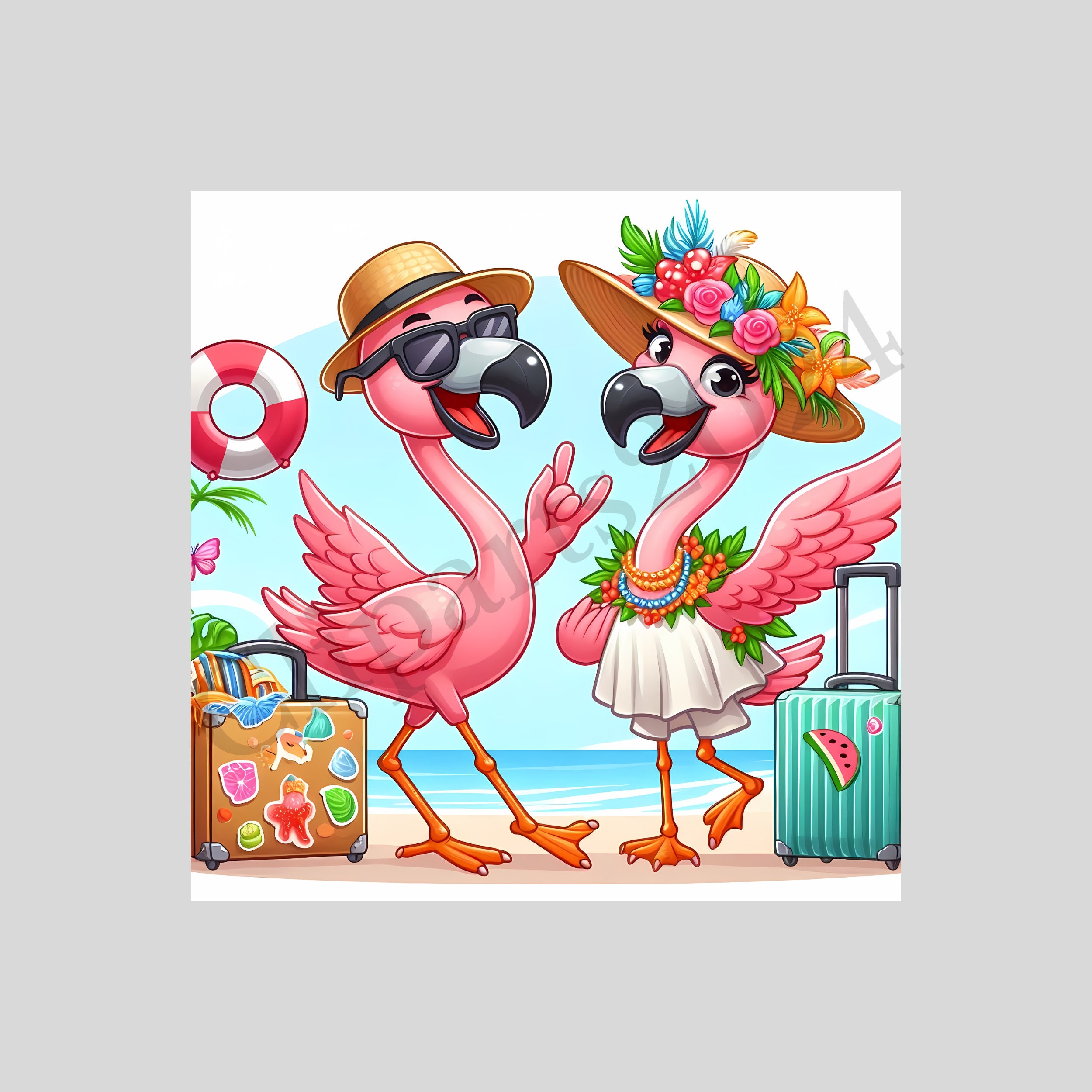 Beach Flamingo Clipart, Cartoon Vacation Birds, Flamingo PNG Art ...