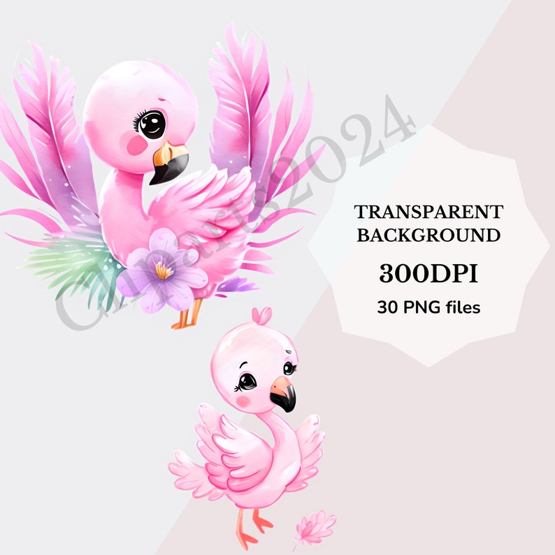 30 PNG Watercolor Baby Flamingo Clipart Bundle, 300DPI, Pink, Adorable ...