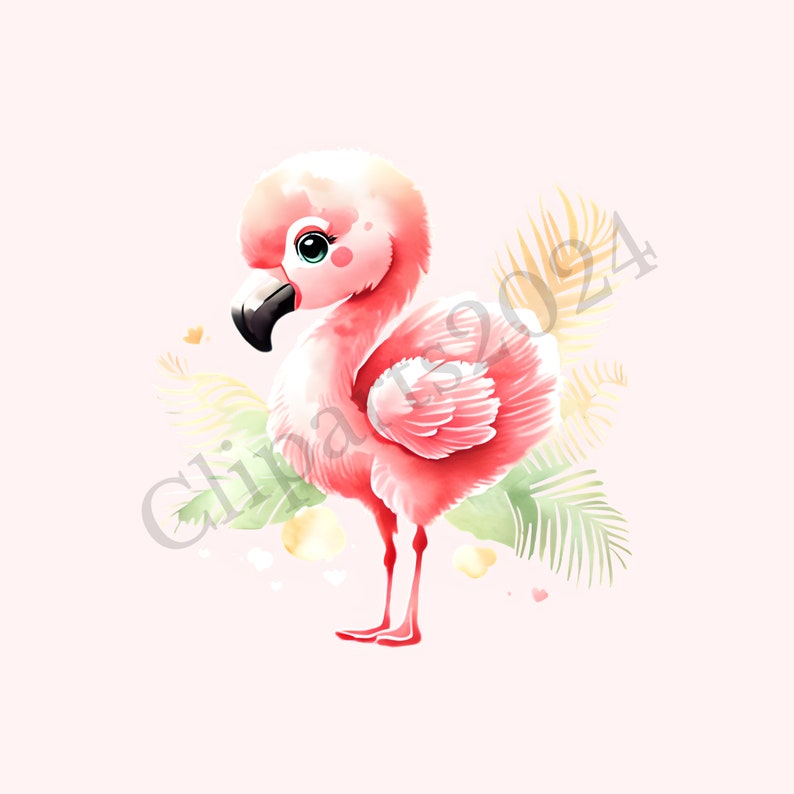 Watercolor Baby Flamingo Clipart Bundle, 40 PNG, 300DPI, Pink Bird ...