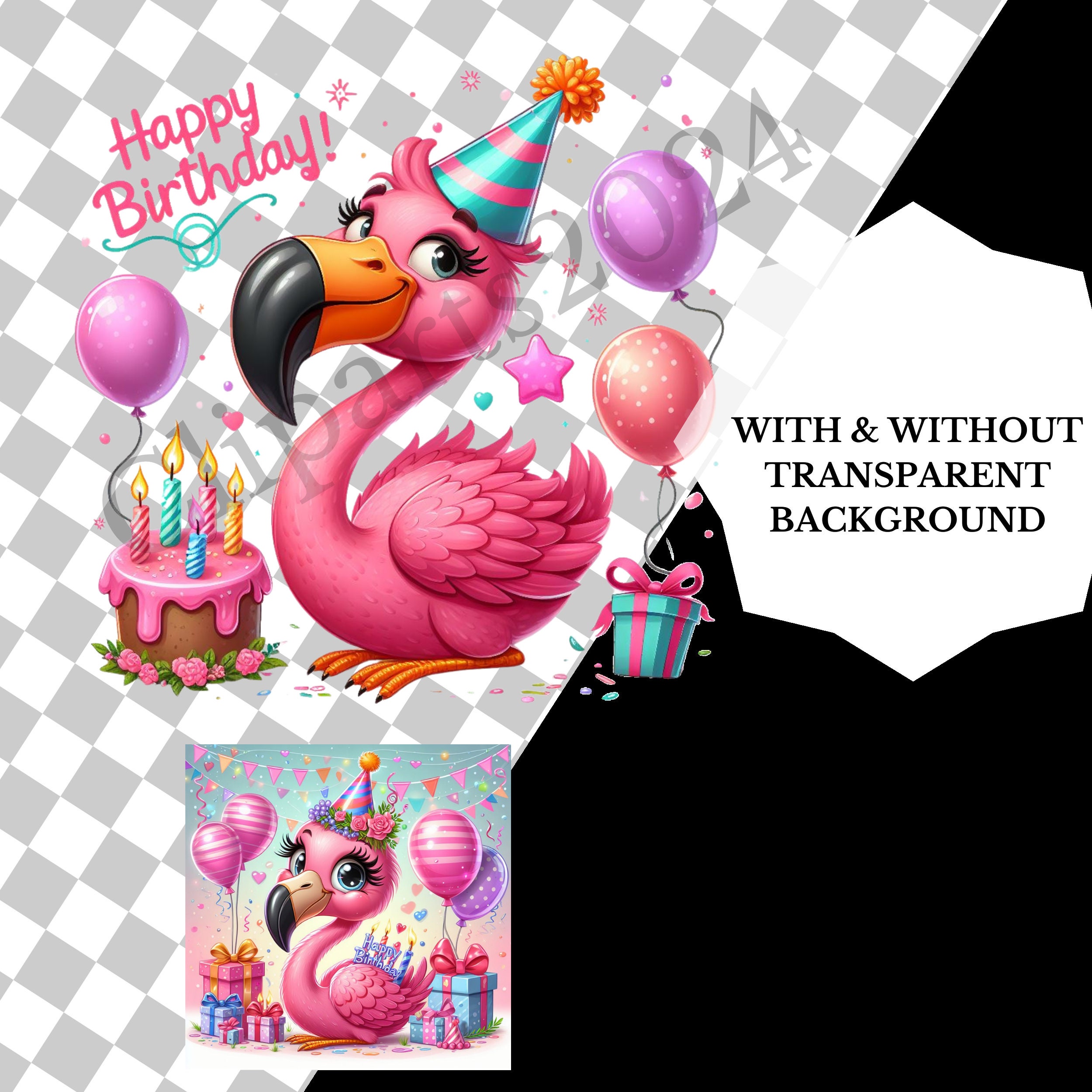 Cute Flamingo Clipart, PNG, Happy Birthday, Digital Download, 300DPI ...