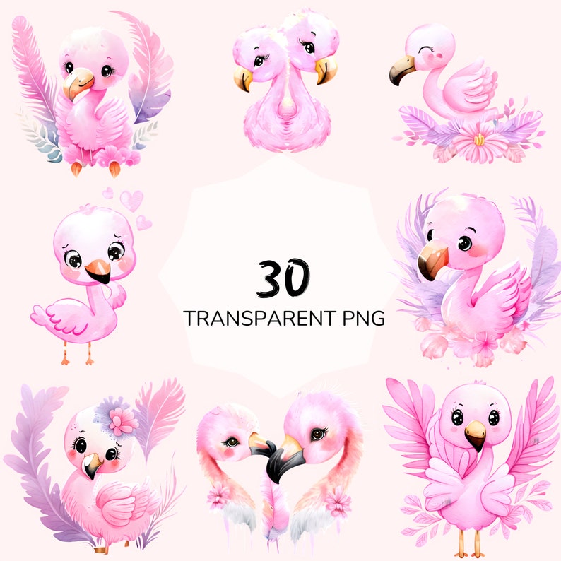 30 PNG Watercolor Baby Flamingo Clipart Bundle, 300DPI, Pink, Adorable ...
