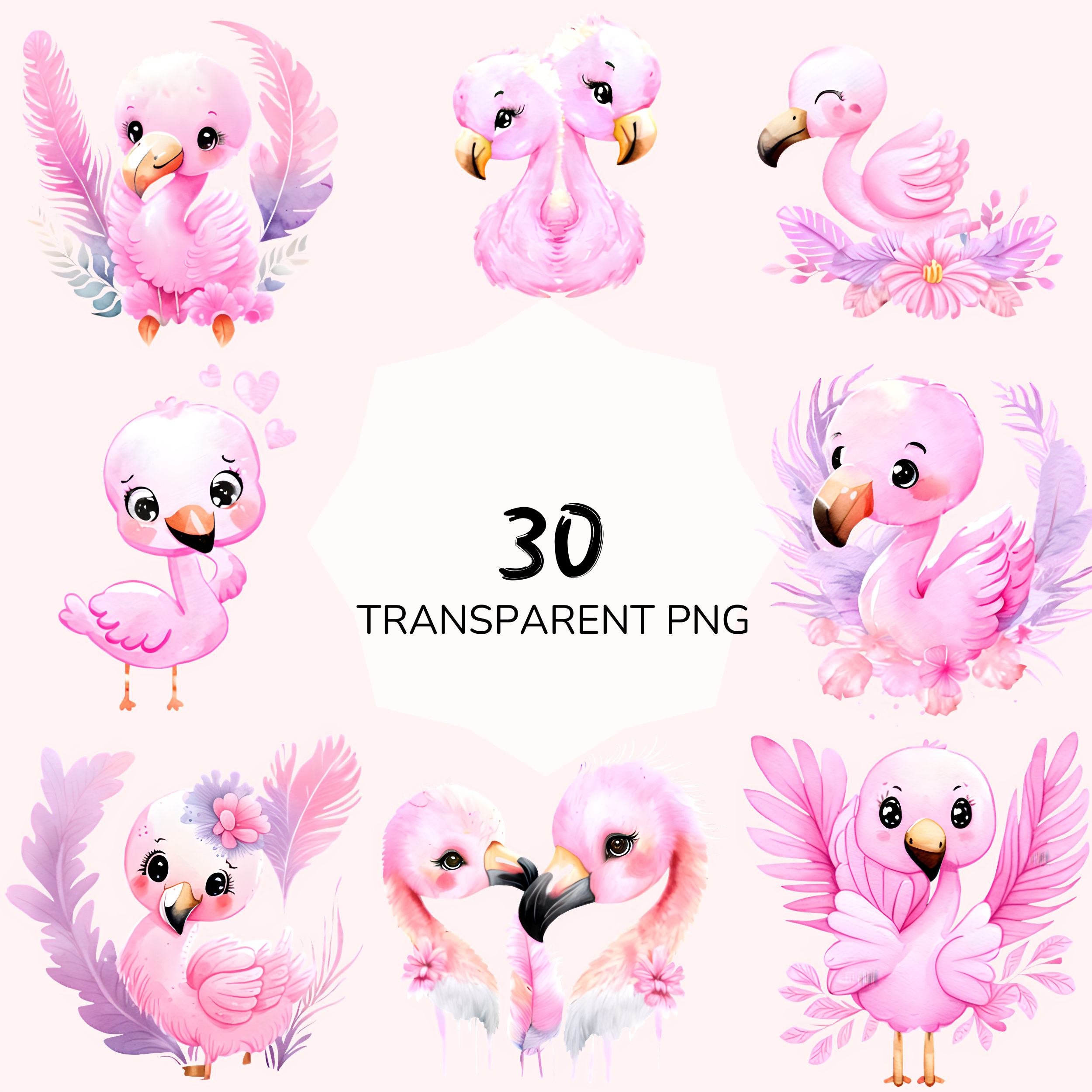 30 PNG Watercolor Baby Flamingo Clipart Bundle, 300DPI, Pink, Adorable ...