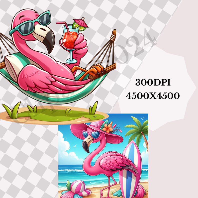 Beach Flamingo Clipart, Cartoon Vacation Birds, Flamingo PNG Art ...