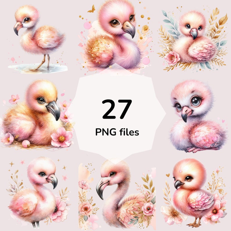Watercolor Baby Flamingo Clipart Bundle, Flamingo PNG, Pink, Gold ...