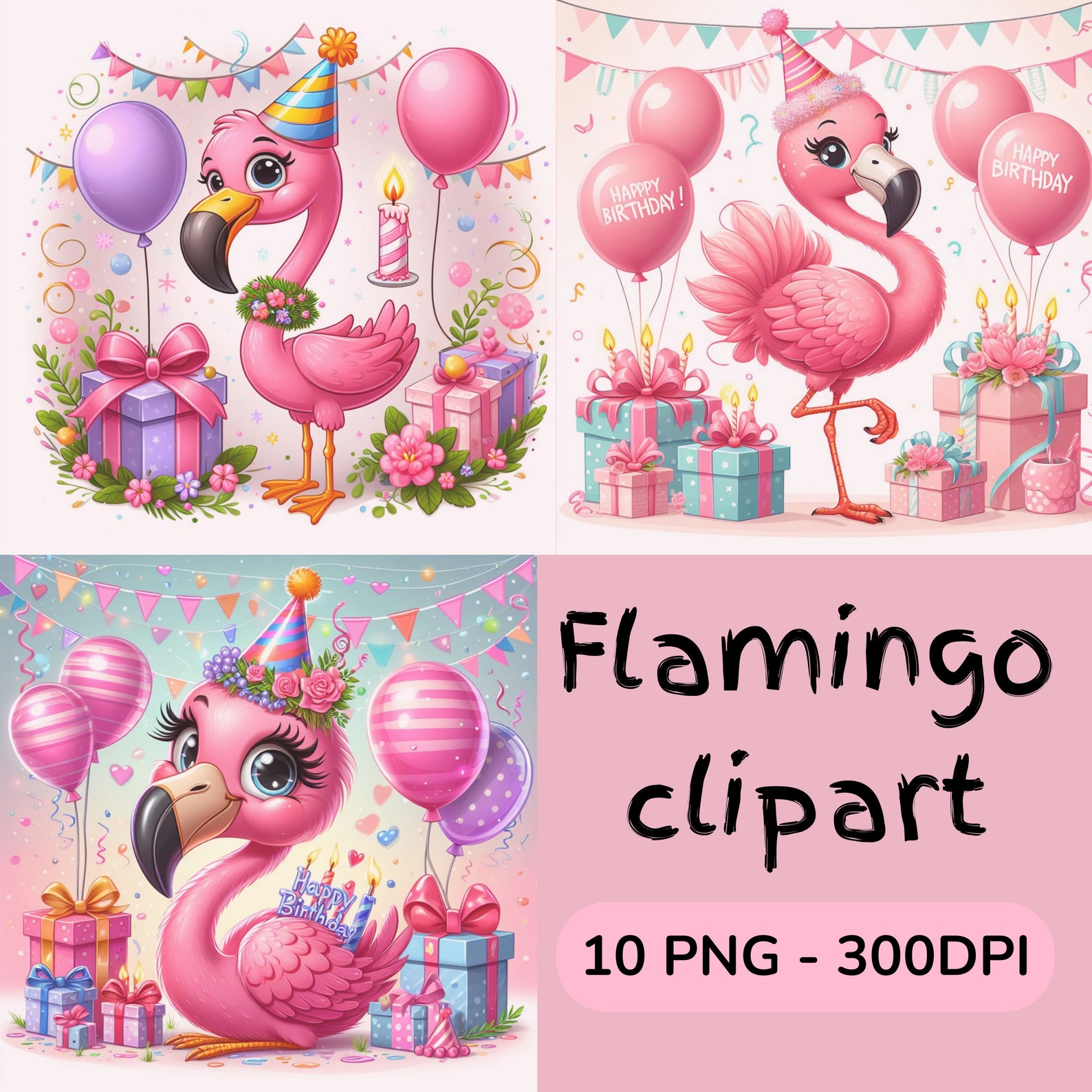 Cute Flamingo Clipart, PNG, Happy Birthday, Digital Download, 300DPI ...