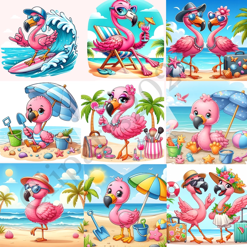 Beach Flamingo Clipart, Cartoon Vacation Birds, Flamingo PNG Art ...
