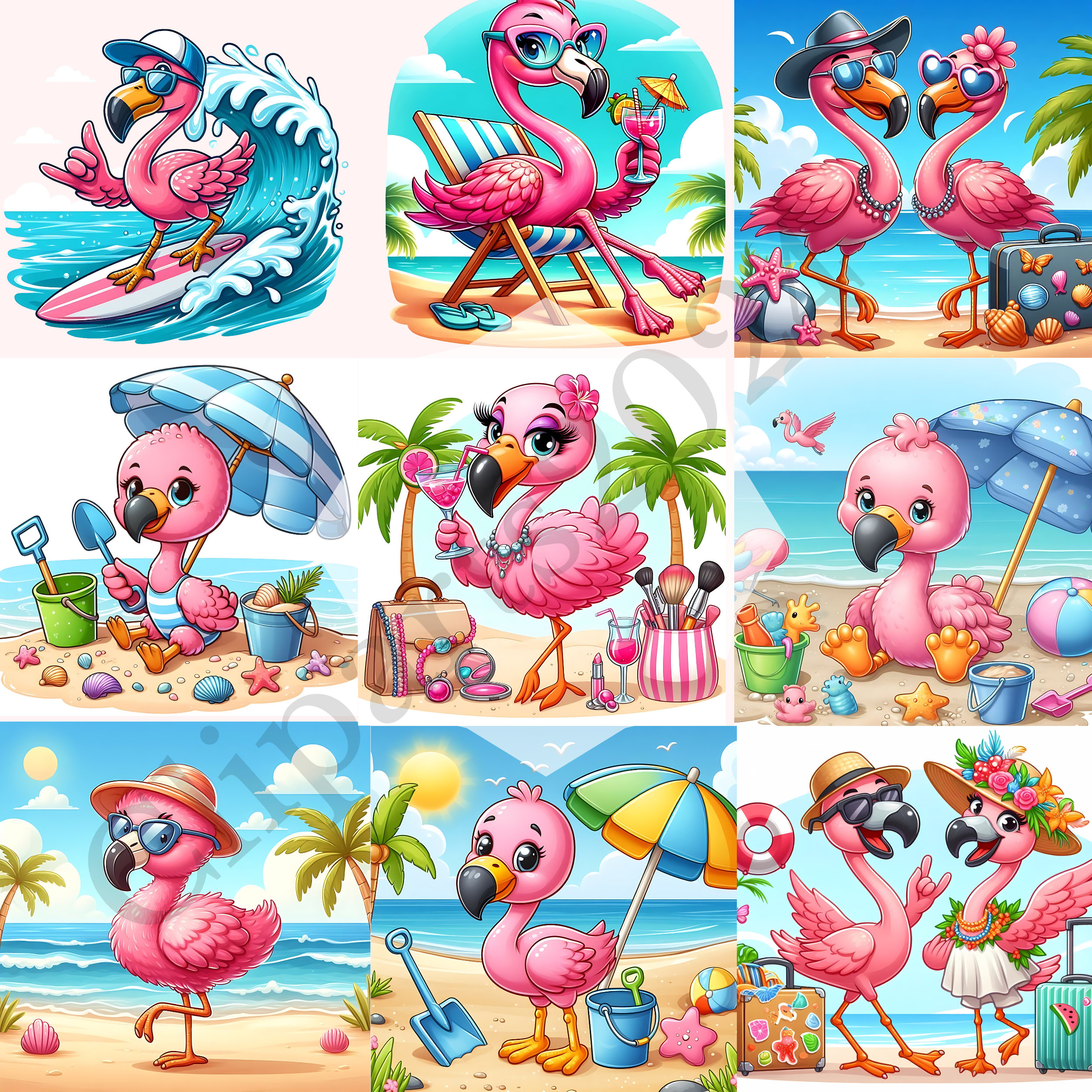 Beach Flamingo Clipart, Cartoon Vacation Birds, Flamingo PNG Art ...