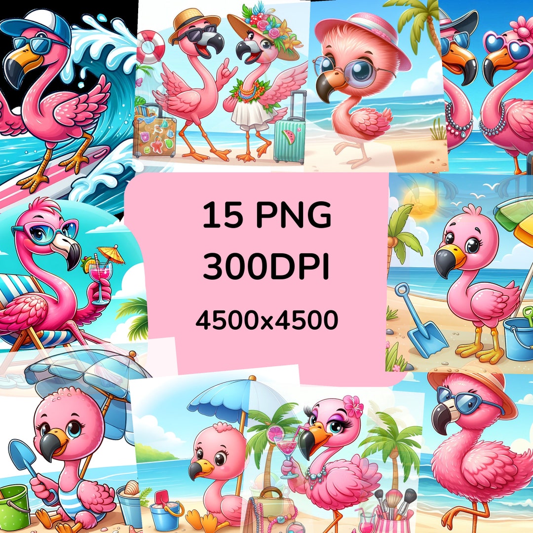 Beach Flamingo Clipart, Cartoon Vacation Birds, Flamingo PNG Art ...