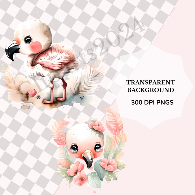 Watercolor Baby Flamingo Clipart Bundle, 40 PNG, 300DPI, Pink Bird ...