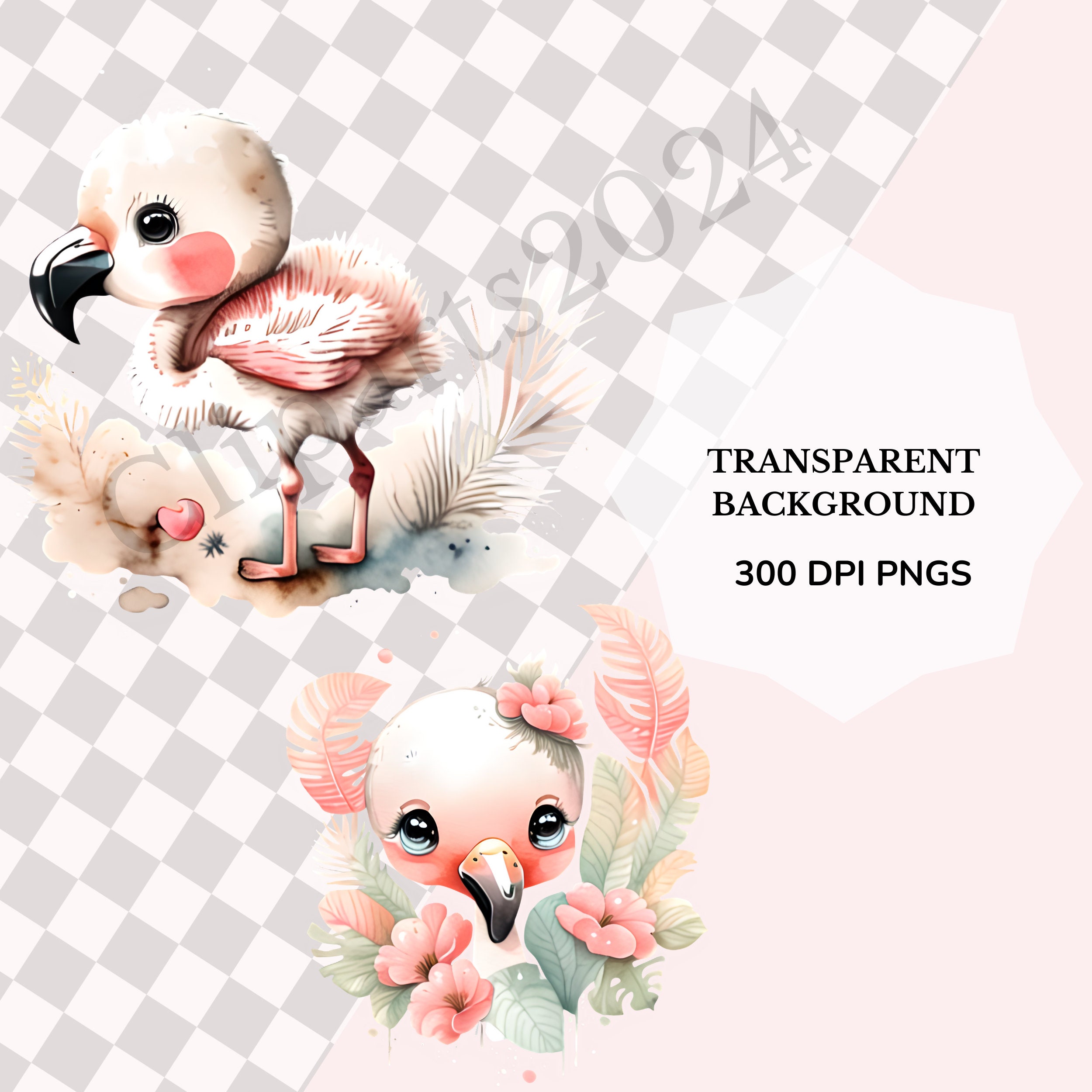 Watercolor Baby Flamingo Clipart Bundle, 40 PNG, 300DPI, Pink Bird ...