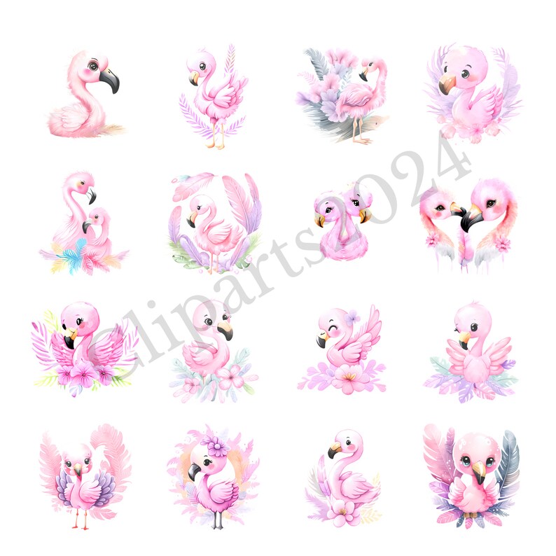 30 PNG Watercolor Baby Flamingo Clipart Bundle, 300DPI, Pink, Adorable ...