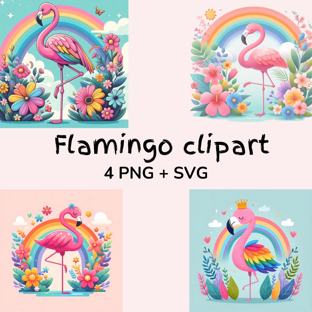 Flamingo SVG Clipart, PNG, Rainbows, Full Color Flamingo Clipart, High ...