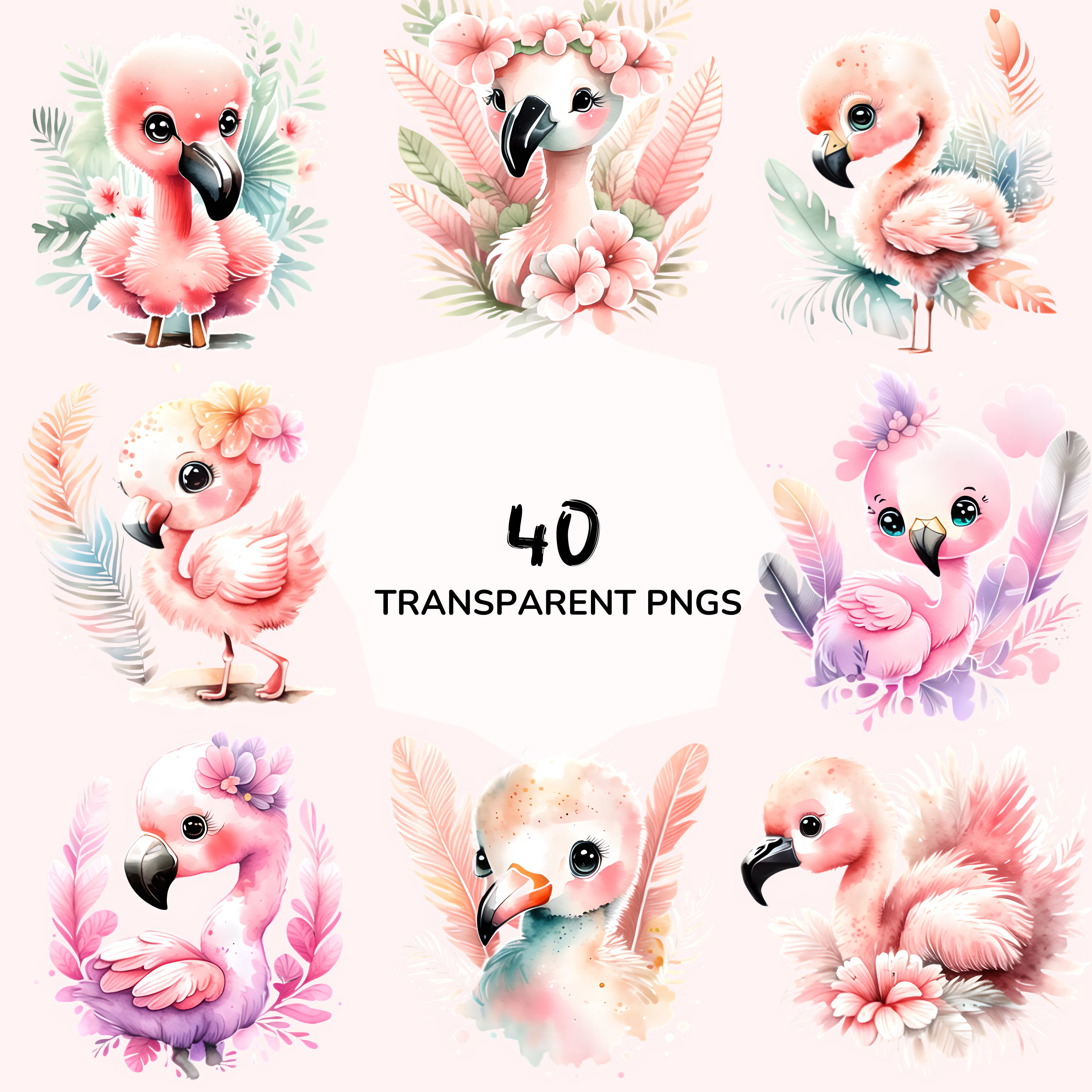 Watercolor Baby Flamingo Clipart Bundle, 40 PNG, 300DPI, Pink Bird ...