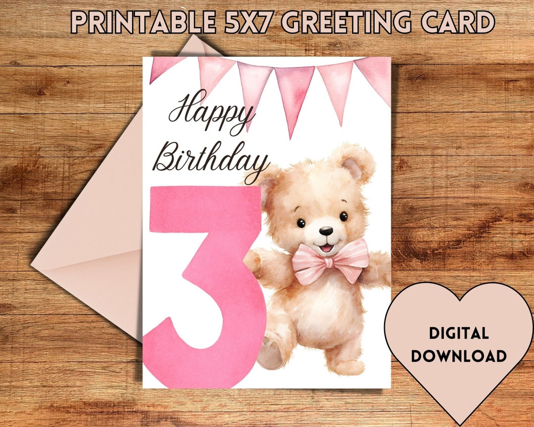 Printable 3rd Birthday Card Teddy Bear Birthday Card Girl Greeting