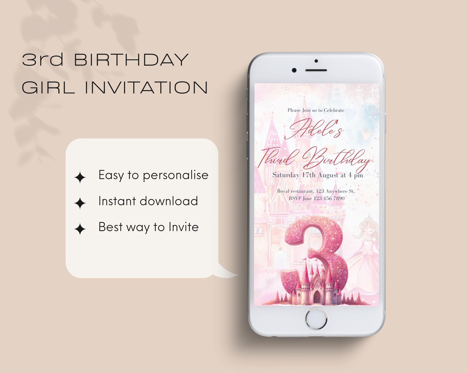 Girl 3rd Birthday Invitation Editable, Princess Third Birthday ...